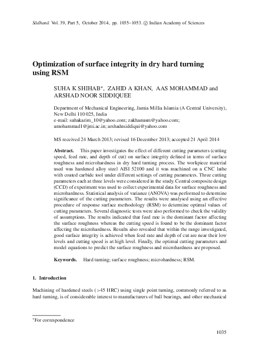 (PDF) Optimization of surface integrity in dry hard turning using RSM
