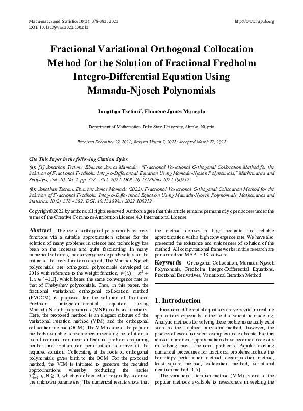 Pdf Fractional Variational Orthogonal Collocation Method For The Solution Of Fractional