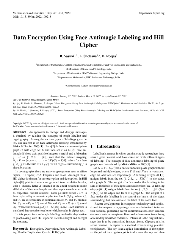 (PDF) Data Encryption Using Face Antimagic Labeling and Hill Cipher