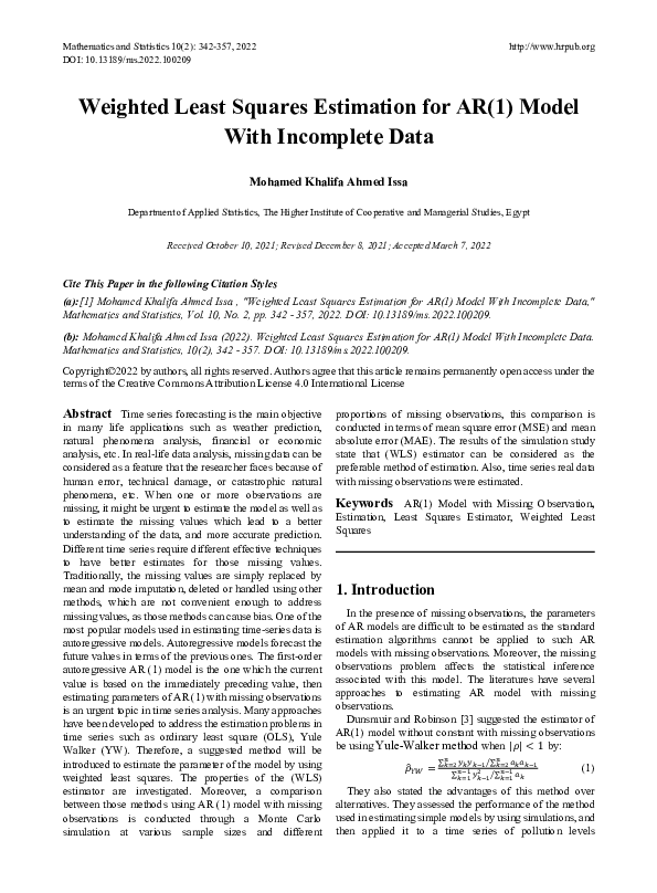 (PDF) Weighted Least Squares Estimation for AR(1) Model With Incomplete Data | Horizon Research ...