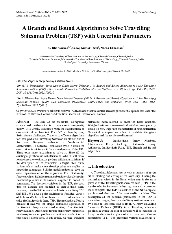 Pdf A Branch And Bound Algorithm To Solve Travelling Salesman Problem Tsp With Uncertain