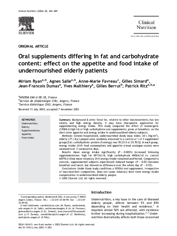 (PDF) Oral supplements differing in fat and carbohydrate content ...
