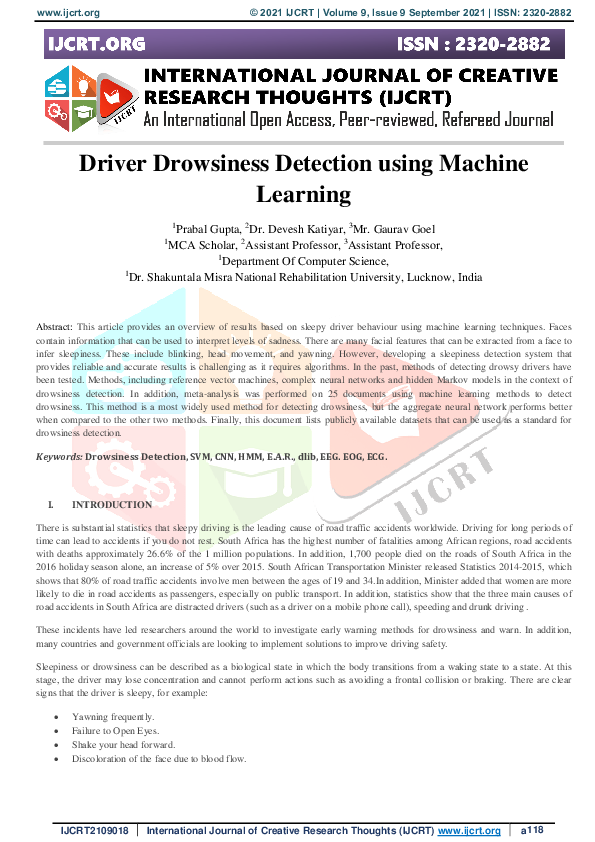 (PDF) Driver Drowsiness Detection using Machine Learning