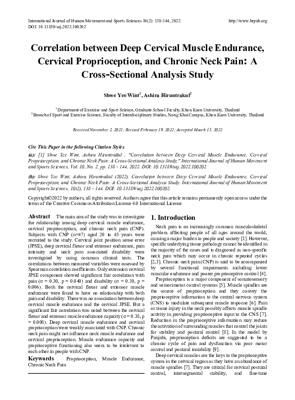 (PDF) Correlation between Deep Cervical Muscle Endurance, Cervical ...