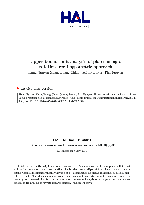 Pdf Upper Bound Limit Analysis Of Plates Using A Rotation Free Isogeometric Approach Phu