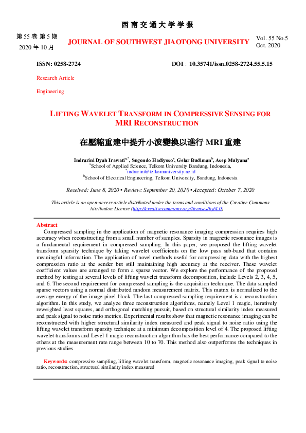 Pdf Lifting Wavelet Transform In Compressive Sensing For Mri Reconstruction Sugondo Hadiyoso