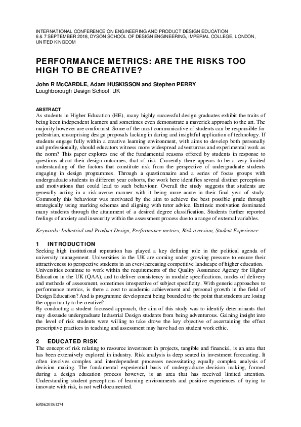 (PDF) Performance Metrics; Are the Risks Too High to Be Creative?