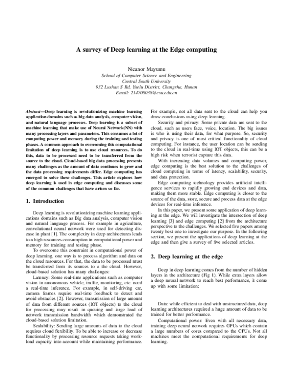 Pdf A Survey Of Deep Learning At The Edge Computing