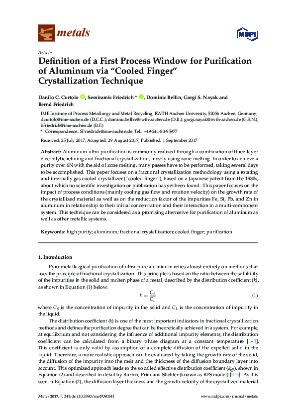 (PDF) Definition of a First Process Window for Purification of Aluminum ...