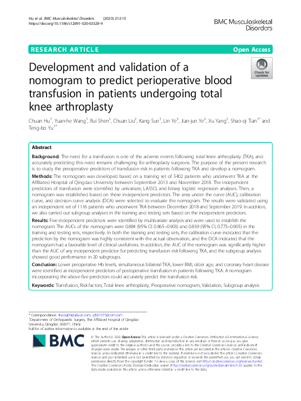 (PDF) Development and validation of a nomogram to predict perioperative ...