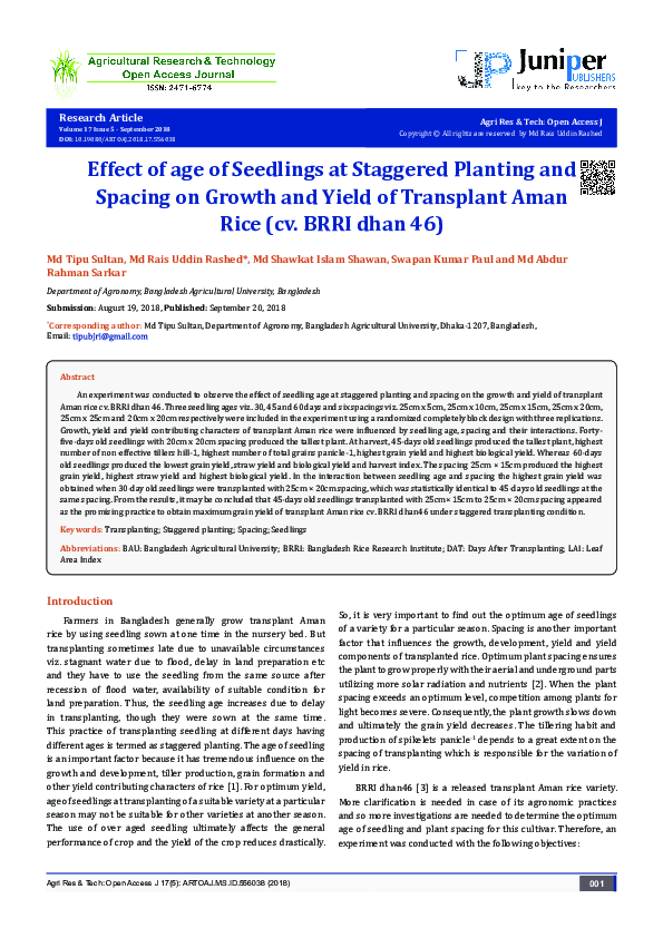 (PDF) Effect of age of Seedlings at Staggered Planting and Spacing on ...