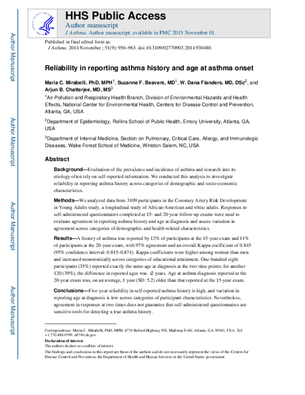 (PDF) Reliability in reporting asthma history and age at asthma onset