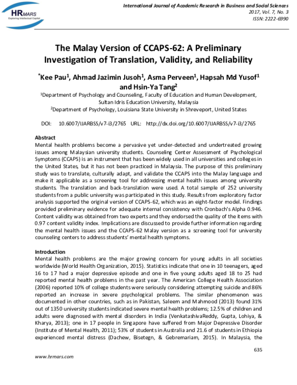 (PDF) The Malay Version of CCAPS-62: A Preliminary Investigation of ...