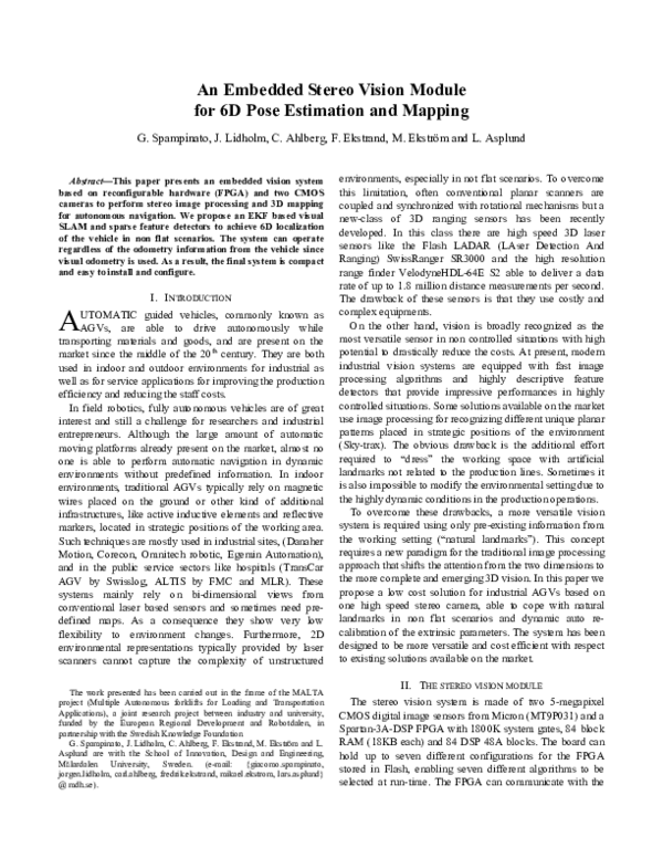 Pdf An Embedded Stereo Vision Module For 6d Pose Estimation And Mapping