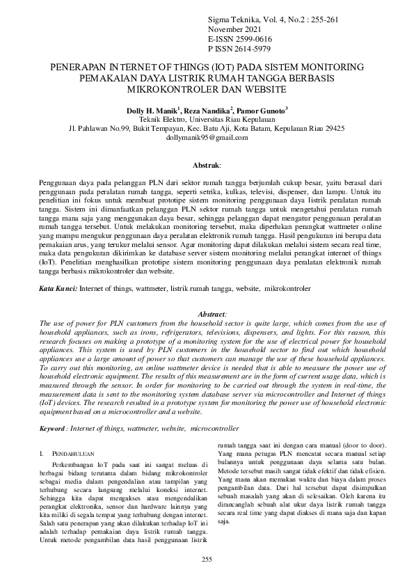 Pdf Penerapan Internet Of Things Iot Pada Sistem Monitoring Pemakaian Daya Listrik Rumah