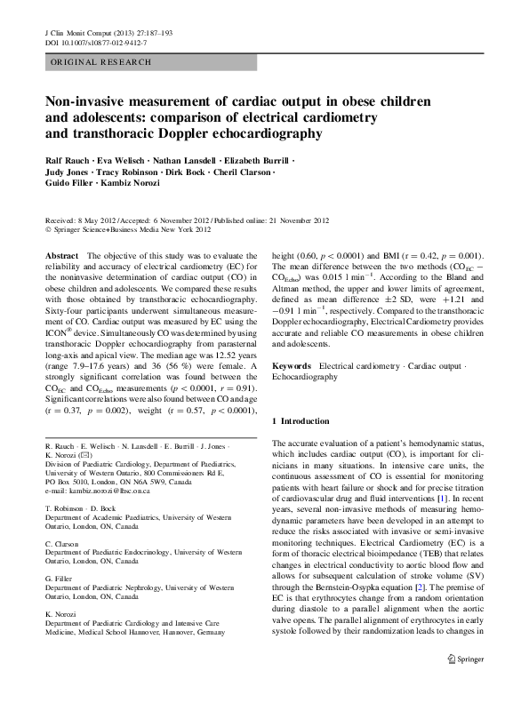 (PDF) Non-invasive measurement of cardiac output in obese children and ...