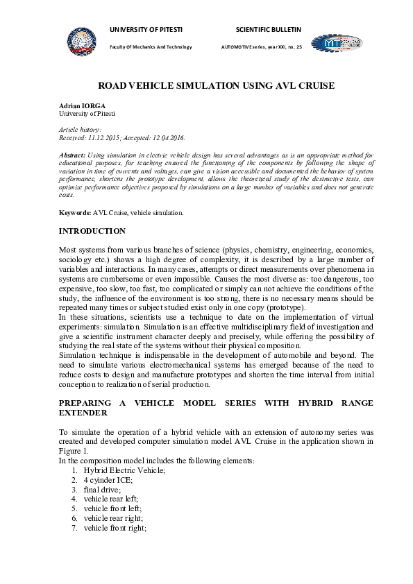(PDF) Road Vehicle Simulation Using Avl Cruise