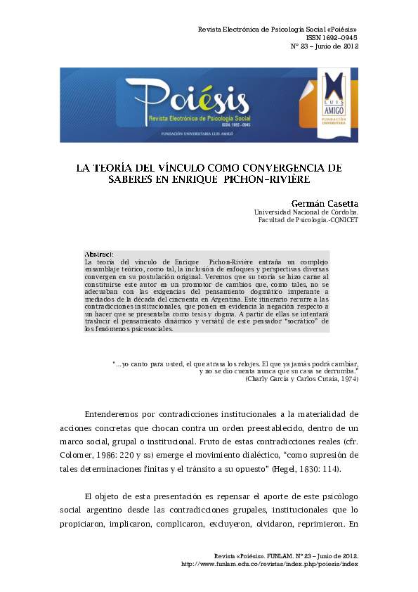 (PDF) La teoría del vínculo como convergencia de saberes en E. Pichon-Riviére