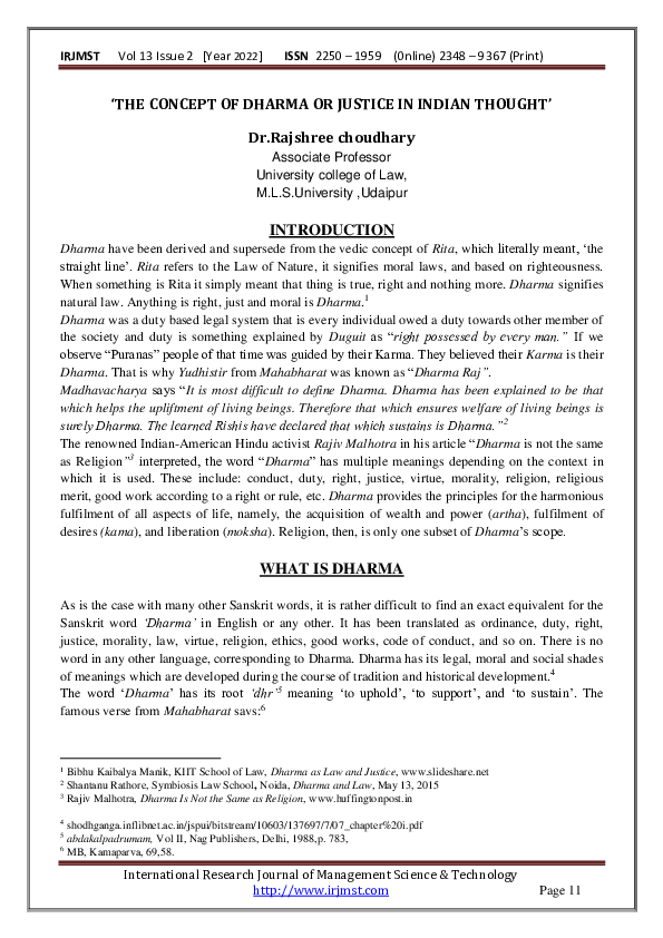 (PDF) 'THE CONCEPT OF DHARMA OR JUSTICE IN INDIAN THOUGHT'