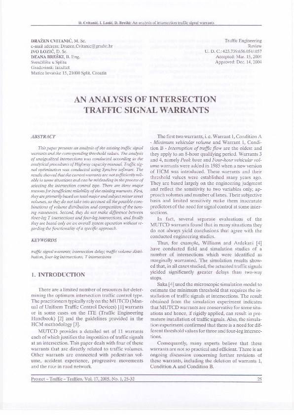 (PDF) An analysis of intersection traffic signal warrants
