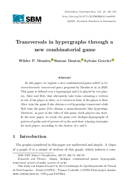 (PDF) Transversals in hypergraphs through a new combinatorial game