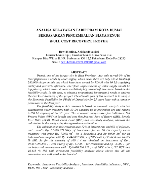 (PDF) Analisa Kelayakan Tarif Pdam Kota Dumai Berdasarkan Pengembalian ...