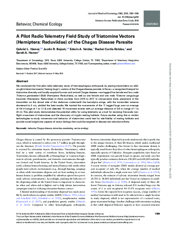 (PDF) A Pilot Radio Telemetry Field Study of Triatomine Vectors ...