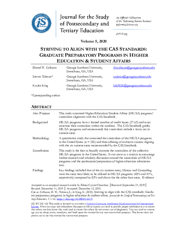 (PDF) Striving to Align with the CAS Standards: Graduate Preparatory ...