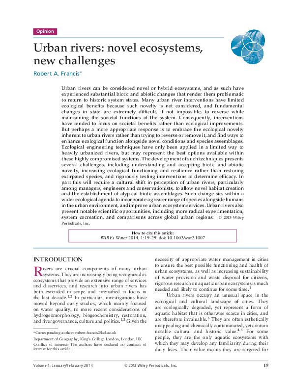 (PDF) Urban rivers: novel ecosystems, new challenges