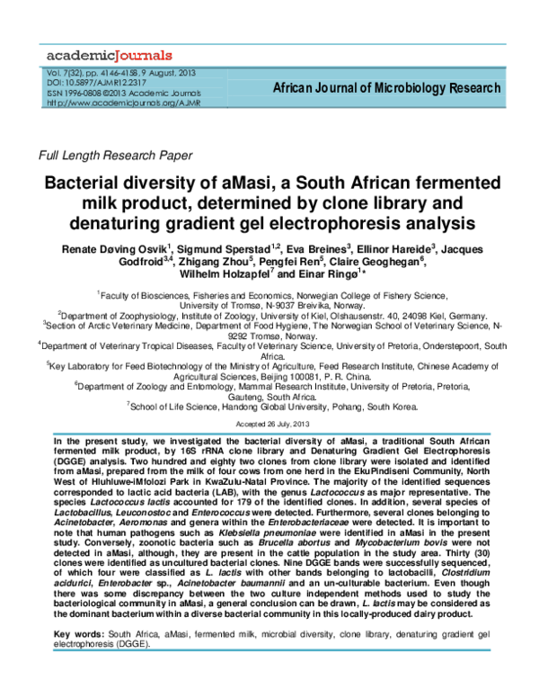 (PDF) Bacterial diversity of aMasi, a South African fermented milk ...