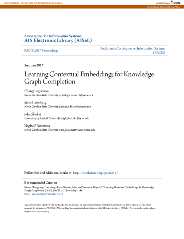 Pdf Learning Contextual Embeddings For Knowledge Graph Completion
