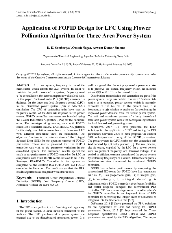 (PDF) Application of FOPID Design for LFC Using Flower Pollination Algorithm for Three-Area ...