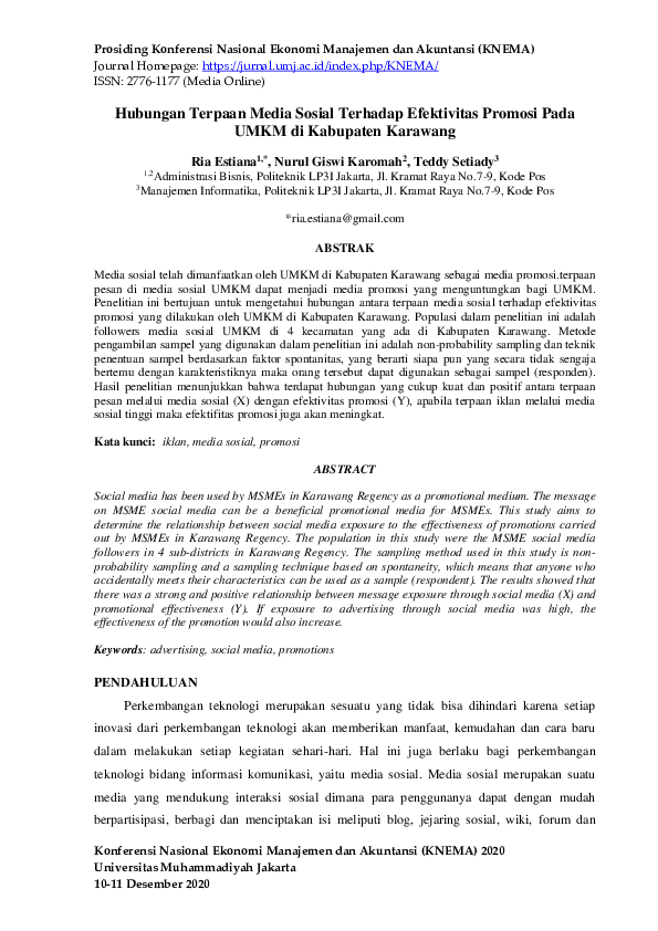 (PDF) Hubungan Terpaan Media Sosial Terhadap Efektivitas Promosi Pada UMKM di Kabupaten Karawang