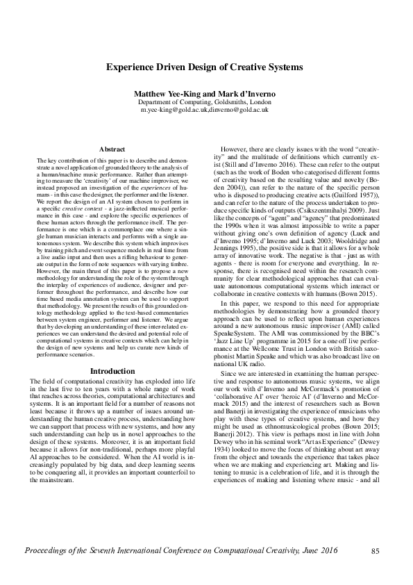 (PDF) Experience Driven Design of Creative Systems