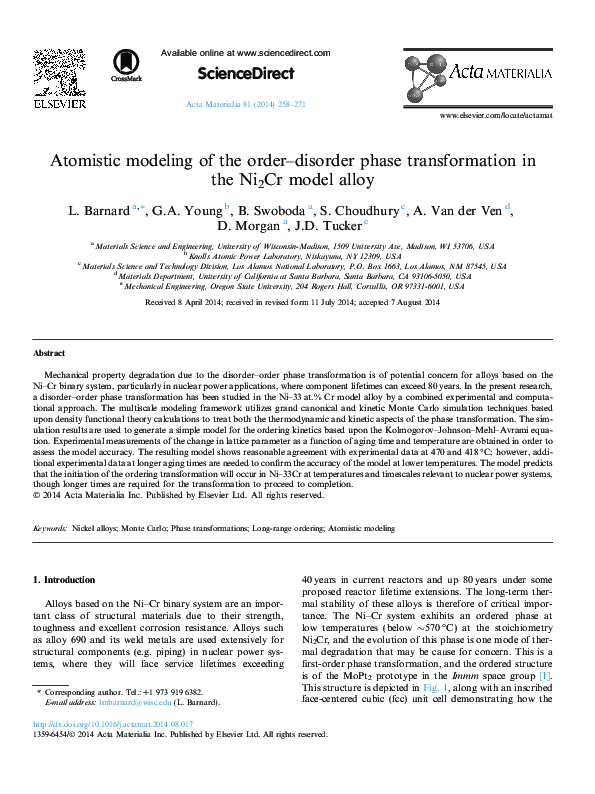 (PDF) Atomistic modeling of the order–disorder phase transformation in the Ni2Cr model alloy
