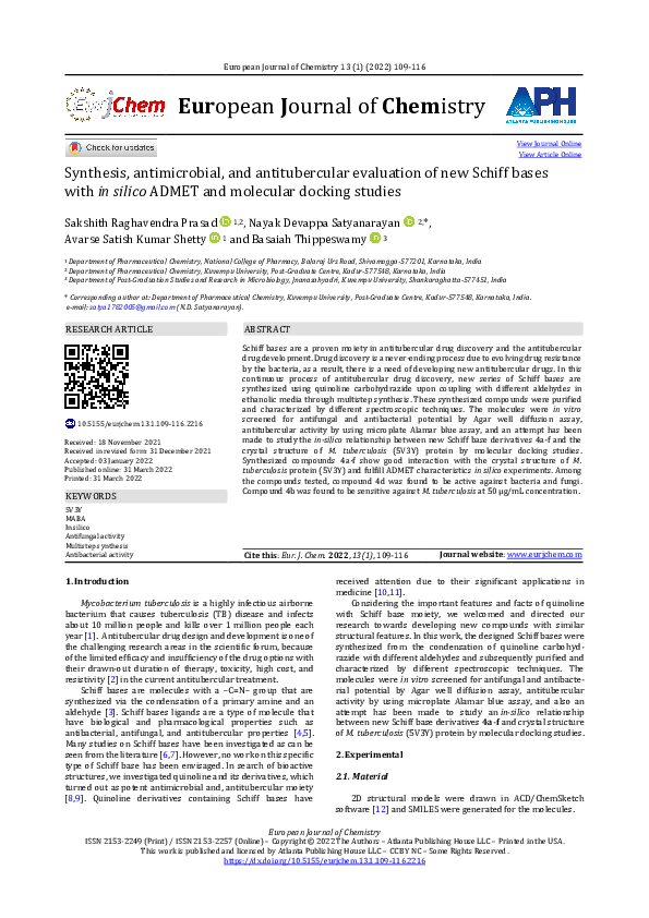 (PDF) Synthesis, antimicrobial, and antitubercular evaluation of new Schiff bases with in silico ...