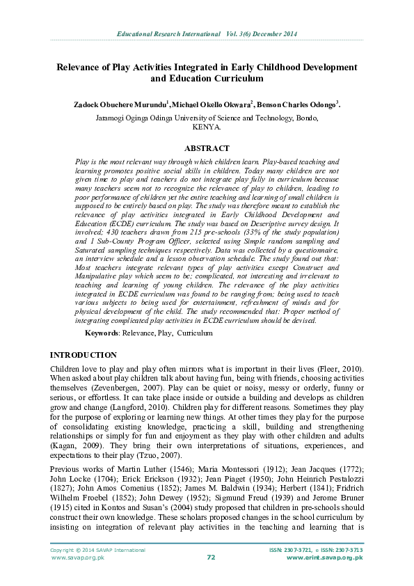 (PDF) Relevance of Play Activities Integrated in Early Childhood ...
