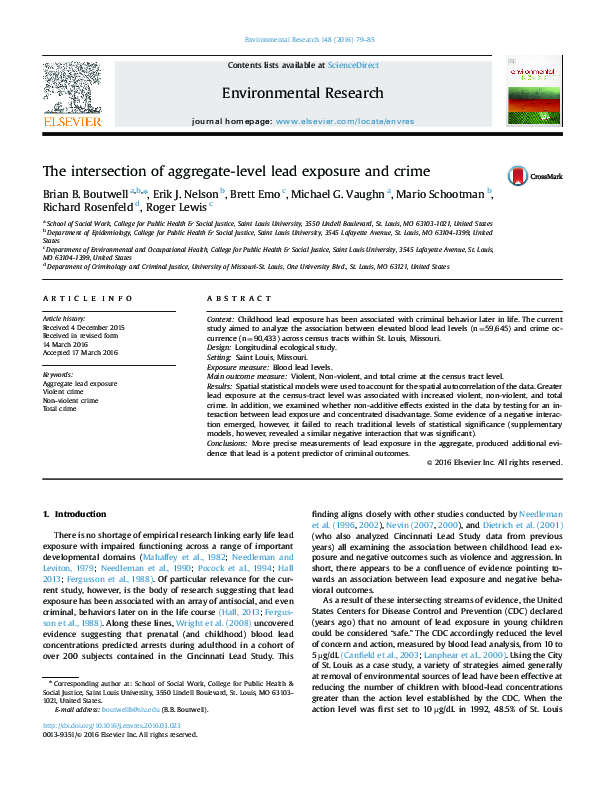 (PDF) The intersection of aggregate-level lead exposure and crime