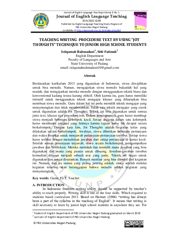 (PDF) Teaching Writing Procedure Textby Using "JOT Thoughts" Technique ...
