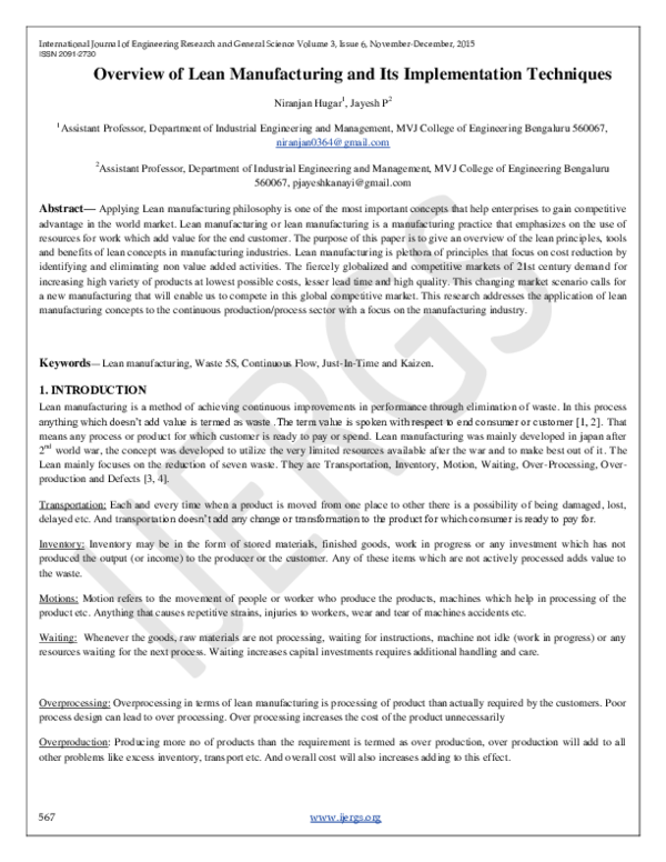 (PDF) Overview of Lean Manufacturing and Its Implementation Techniques