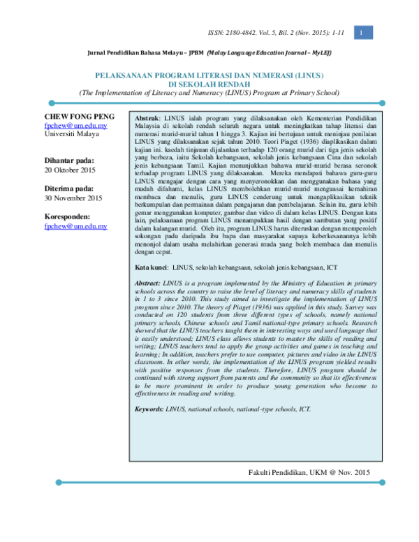 (PDF) Pelaksanaan program literasi dan numerasi (LINUS) di sekolah rendah