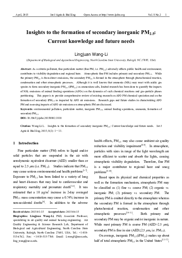 (PDF) Insights to the formation of secondary inorganic PM2.5: Current ...
