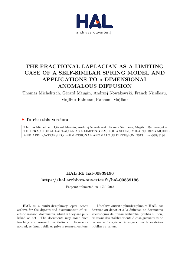 (PDF) The fractional Laplacian as a limiting case of a self-similar ...
