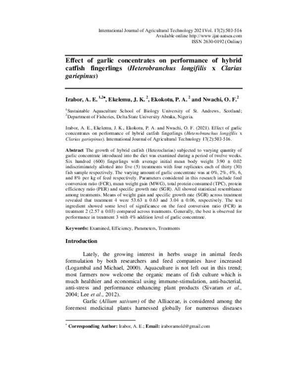 (PDF) Effect of garlic concentrates on performance of hybrid catfish ...