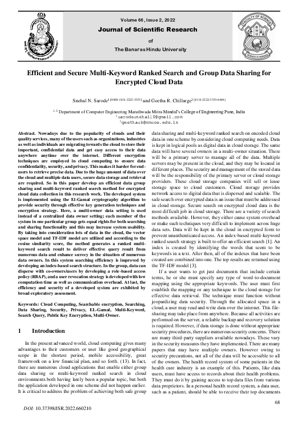 Pdf Efficient And Secure Multi Keyword Ranked Search And Group Data Sharing For Encrypted