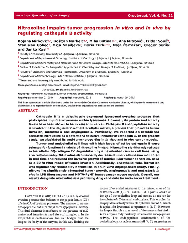 (PDF) Nitroxoline impairs tumor progression in vitro and in vivo by ...
