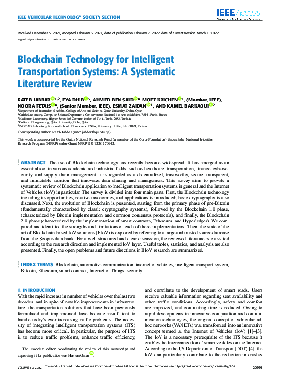 Pdf Blockchain Technology For Intelligent Transportation Systems A