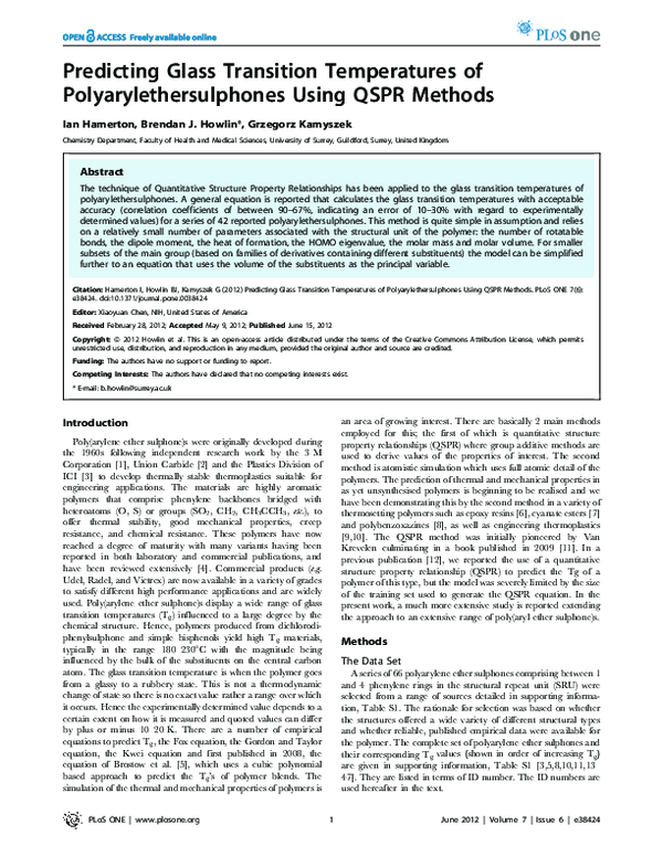 (PDF) Predicting Glass Transition Temperatures of Polyarylethersulphones Using QSPR Methods ...