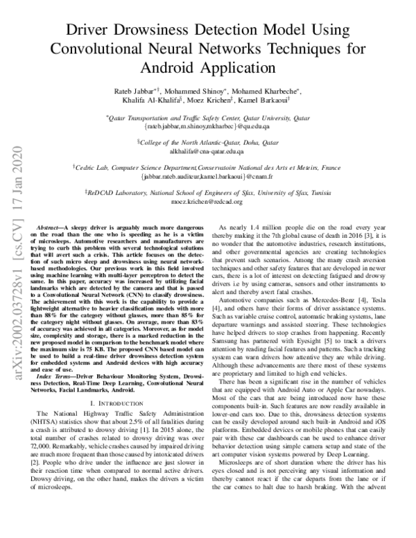 (PDF) Driver Drowsiness Detection Model Using Convolutional Neural Networks Techniques for ...