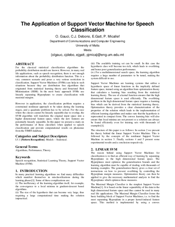 (PDF) The application of support vector machine for speech classification
